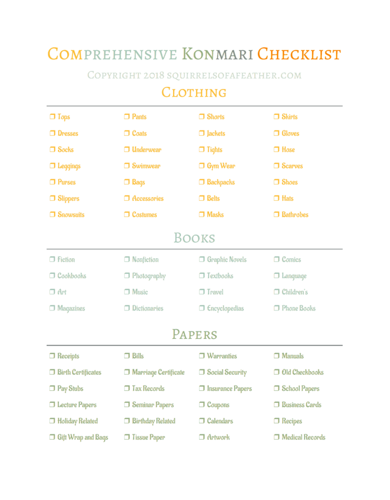 Ultimate FREE Comprehensive KonMari Checklist [5 Page Printable]